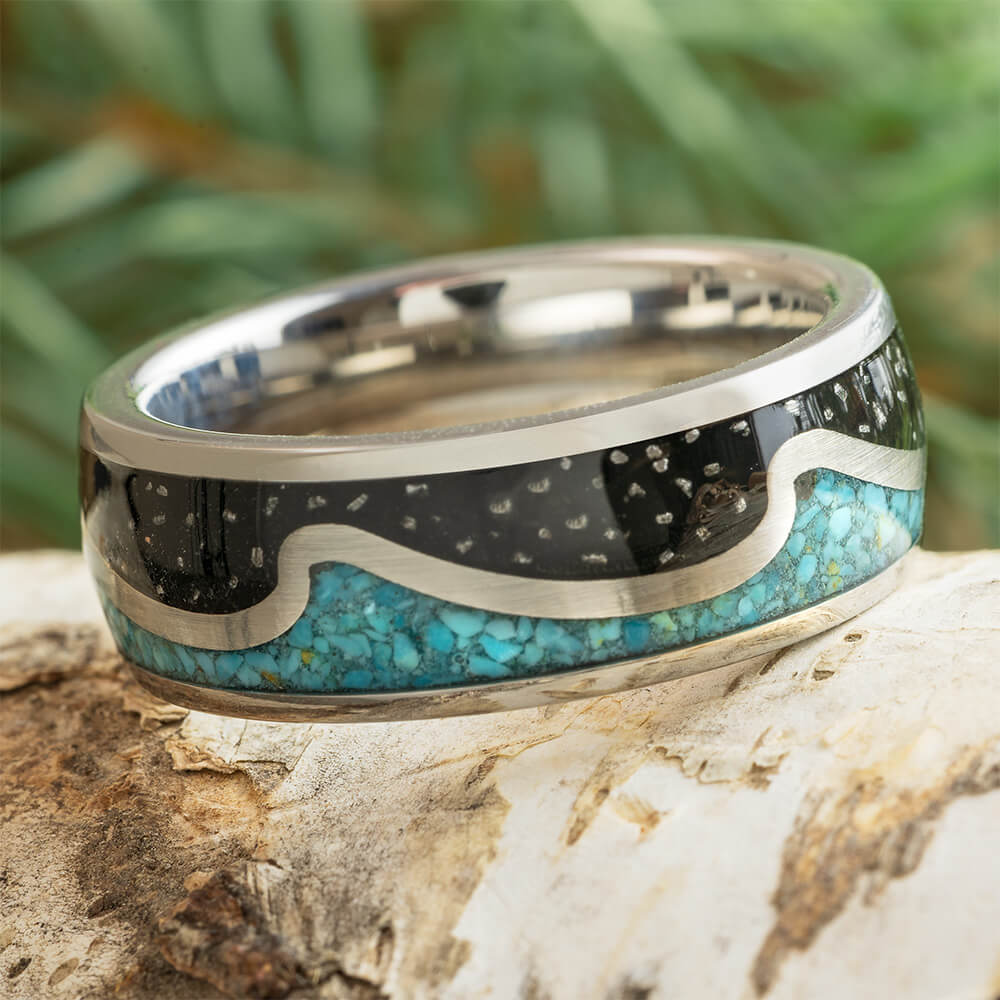 Wavy Wedding Band with Crushed Turquoise and Meteorite Stardust ...