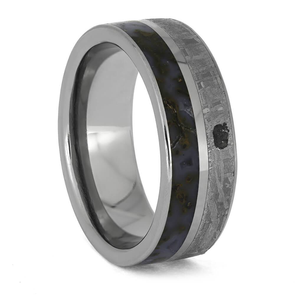 Shocking Blue Dinosaur Bone in Titanium Ring with Meteorite | Jewelry ...