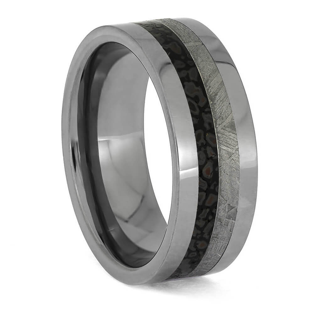 Multicolored Dinosaur Bone and Meteorite in Tungsten Band | Jewelry by ...