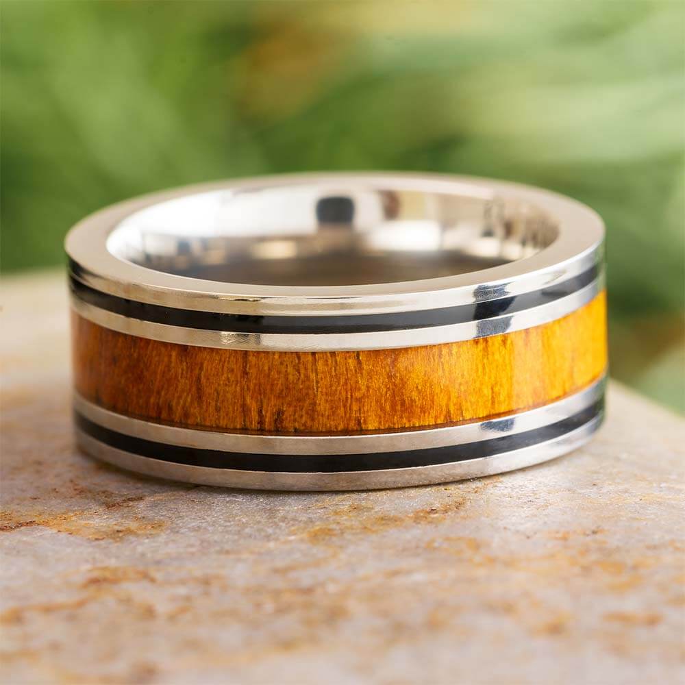 Koa Ring with Enamel Pinstripes - 8mm Flat Profile | 7 | Jewelry By Johan
