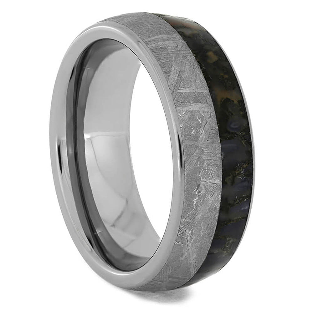 Tungsten Ring With Meteorite & Fossilized Dinosaur Bone | Jewelry by Johan